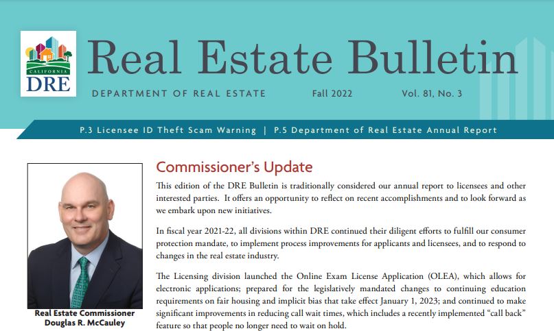 DRE Real Estate Fall Bulletin Released.